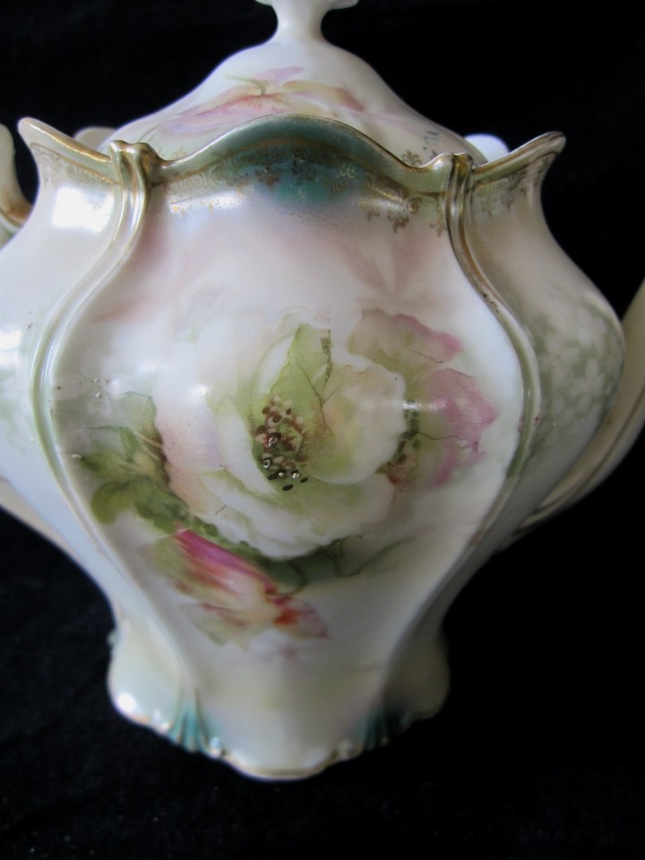Superb Antique Art Nouveau RS Prussia Roses Tea Set White Tiffany Satin ...