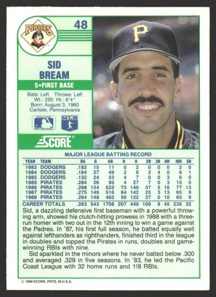 Sid Bream #48 1989 Score Pittsburgh Pirates | eBay