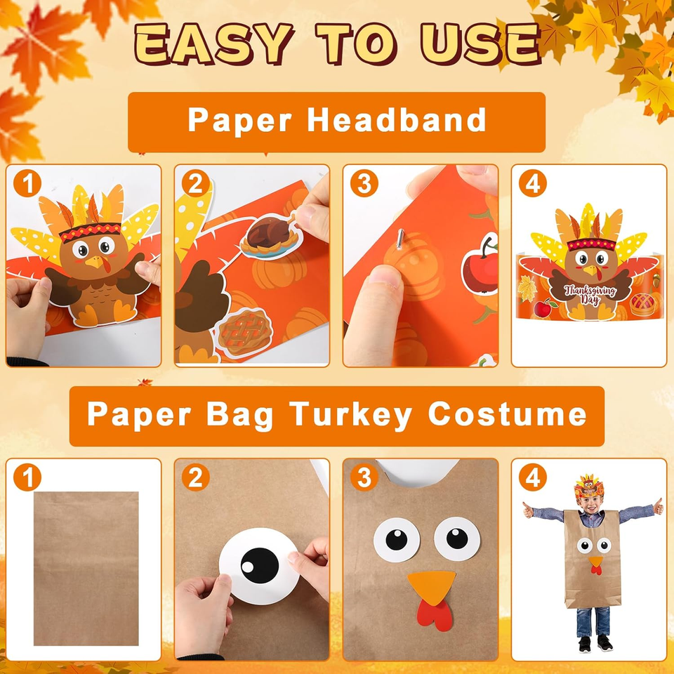 12PC DIY Turkey Craft Kit Kids Paper Bag Costumes Hats Crowns ...