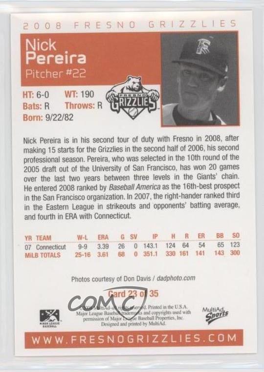 2008 MultiAd Sports Fresno Grizzlies Nick Pereira #23 | eBay