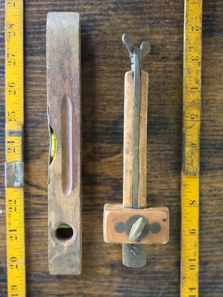 Lot of vintage Antique Marking Gauge Wooden and brass, level, folding ...