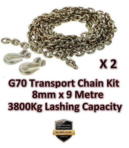 2 x G70 Lashing/Drag Chain 9 Metre x 8mm Transport Recovery Tow Winch ...