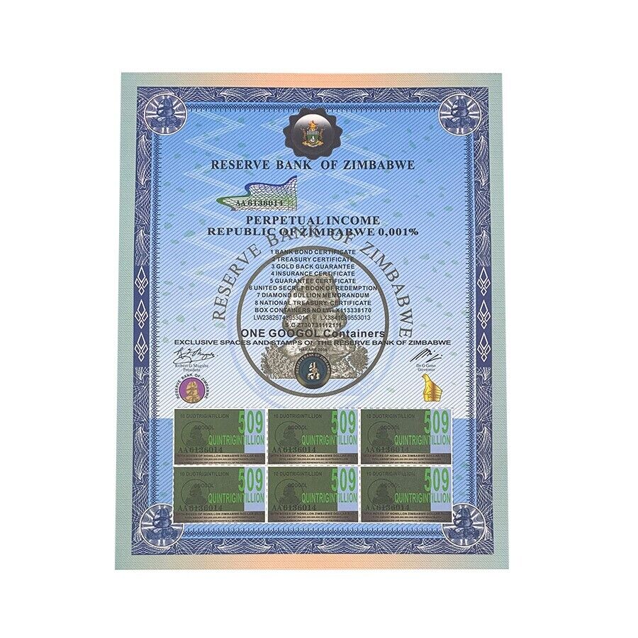 1 pc Reserve Bank of Zimbabwe Banknote One Googol Containers ...
