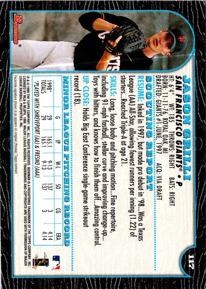 1999 Bowman Jason Grilli #117 San Francisco Giants Baseball Card | eBay