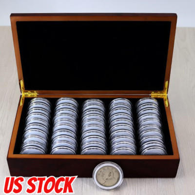 50pcs 46MM Coins Capsules Storage Box & Wooden Case Holder Collection ...