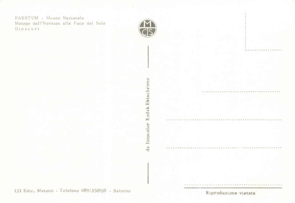 Postcard Greece Paestum metope dall'heraion alla foce del sele dioscuri ...