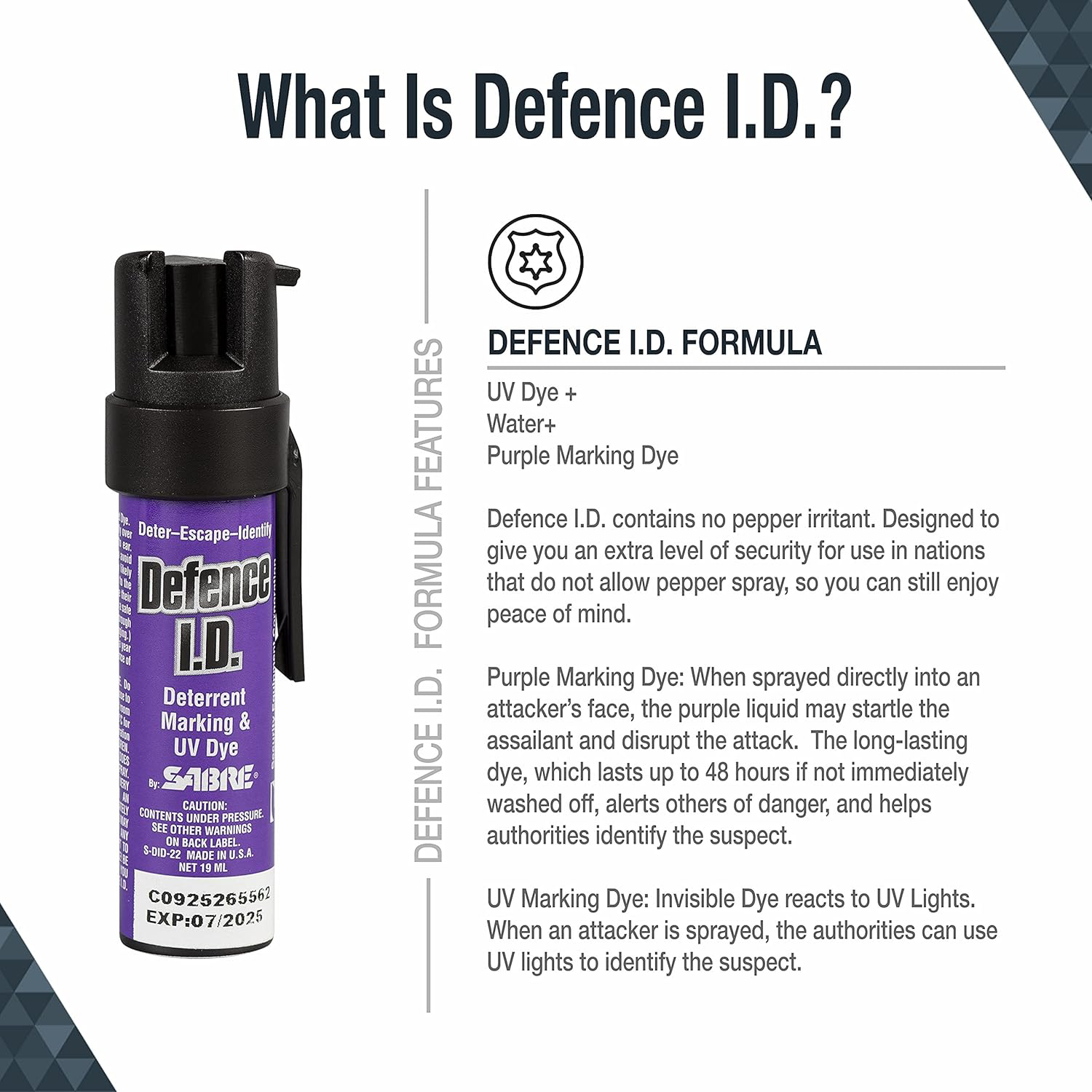SABRE Defence I.D. UK Legal Criminal Identifier Self-Defence Spray, UV ...