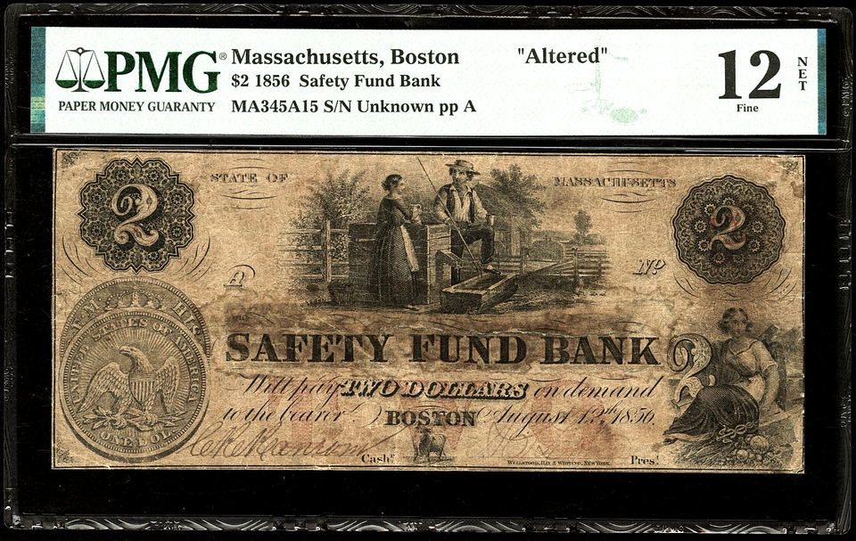 MA $2 BOSTON Massachusetts The Safety Fund Bank Aug 1856 PMG Fine 12 MA ...