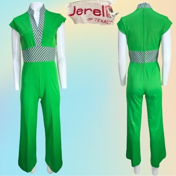 Rare 70’s Kelly Green Cap Sleeve Flare Leg Jarell of … - Gem