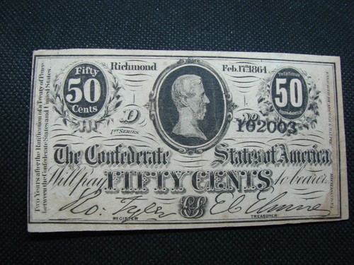 Original Confederate States of America CSA 50 Cent Note 1864! | eBay