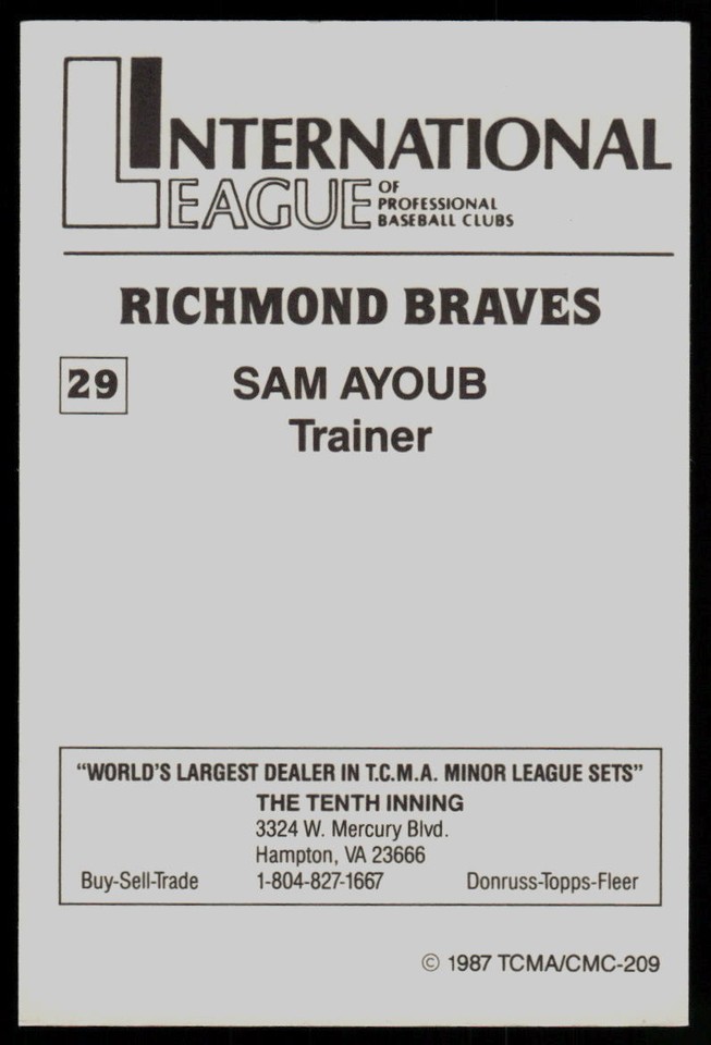 1987 TCMA Sam Ayoub Richmond Braves | eBay