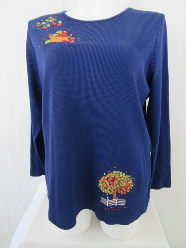 Quacker Factory Size 1X Navy Winter Motifs Long-Sleeve Waffle Top | eBay