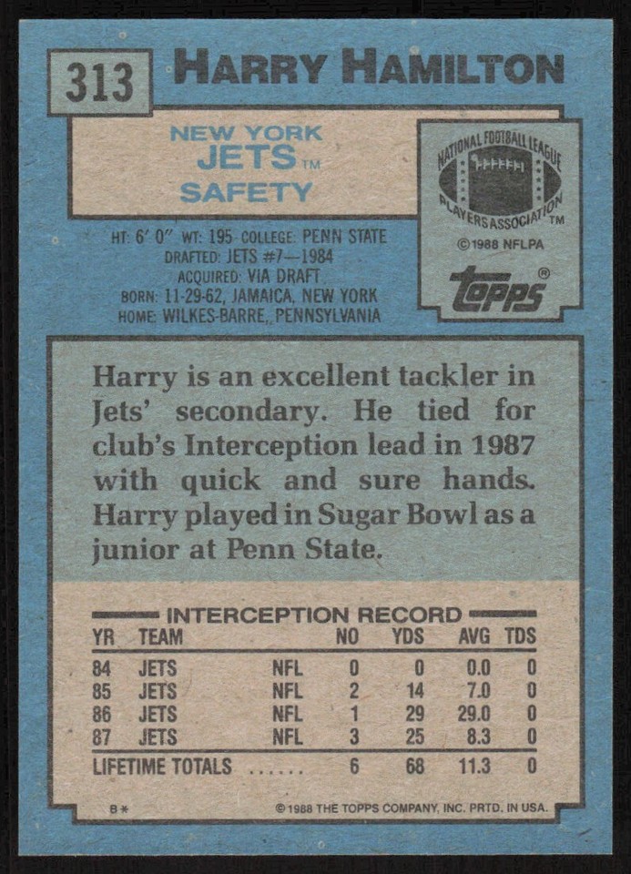 1988 Topps Football Harry Hamilton #313 New York Jets | eBay
