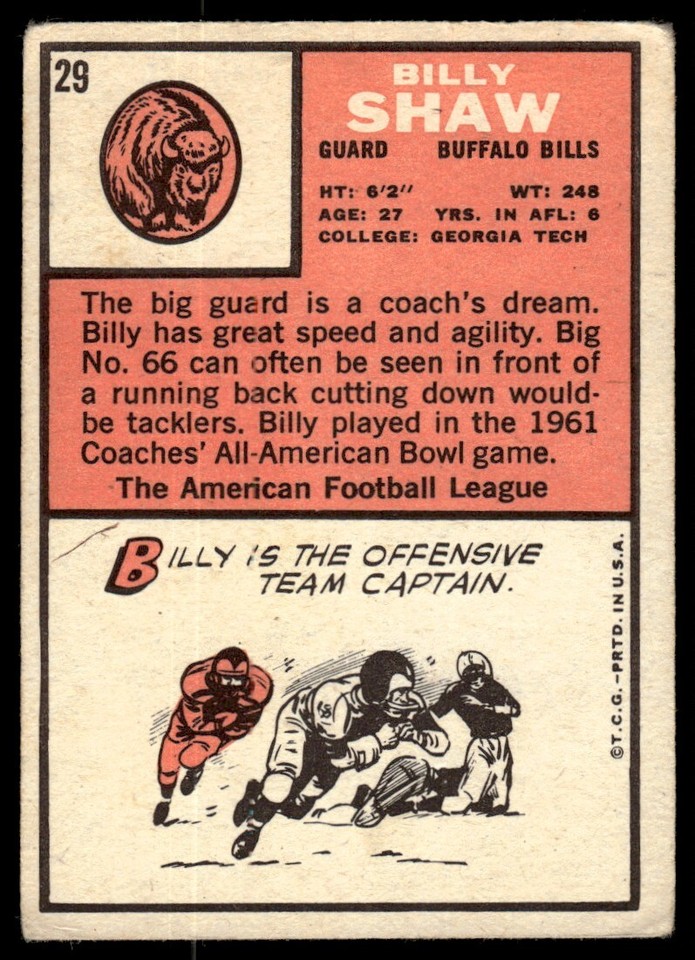 1966 Topps Football Card Billy Shaw Buffalo Bills #29 VG-EX | eBay