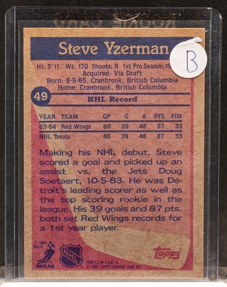 Steve Yzerman 1984-85 Topps RC Rookie Card 49 Red Wings (b) | eBay