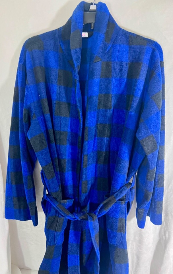 Izod Mens Blue Black Checkered Robe Fleece With Belt Pockets One Size ...