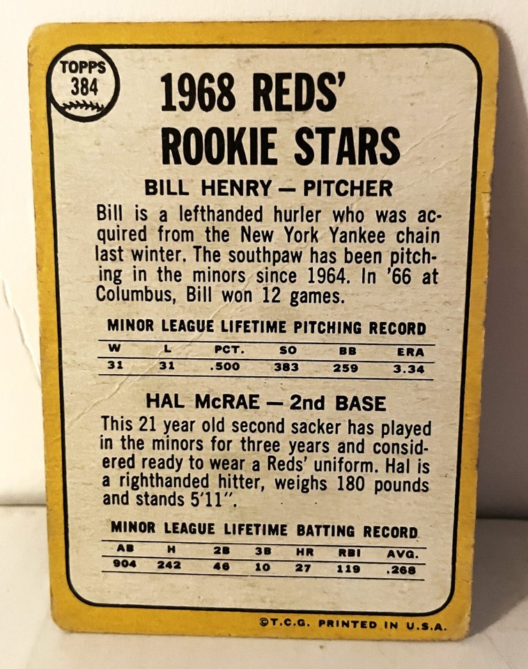 REDS 1968 ROOKIE STARS TOPPS # 384 - Hal McRae ROOKIE CARD | eBay