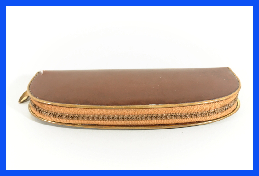 1960ies chocolate BROWN fake leather CASE, two pens, w/ golden frame ...