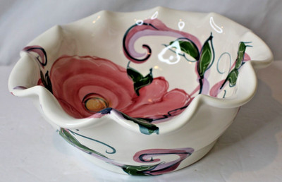Jan Pugh Ceramic Bowl Packer Creek Pottery Signed Pink Green Floral 9.5 ...
