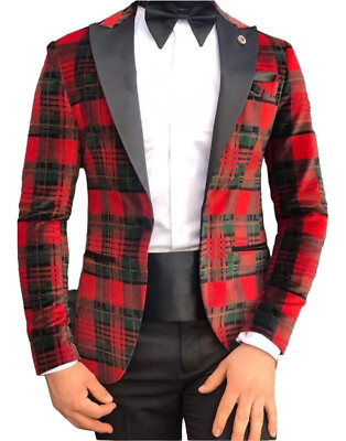 Designer Red Black Checked Samtsakko Tuxedo Velvet Jacket Fitted Slim ...