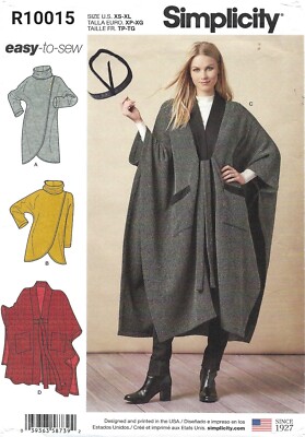 Simplicity R10015 Asymmetric Wrap Turtleneck Sweater, Draped Poncho XS ...