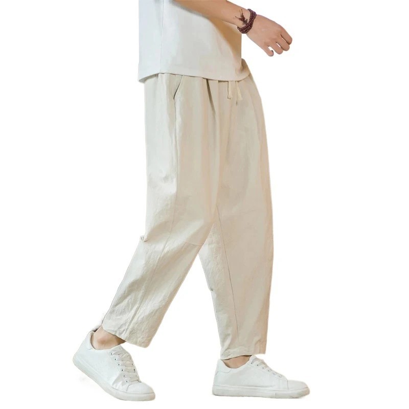 Men's Breathable Cotton Linen Drawstring Harem Pants Loose Korean Style ...