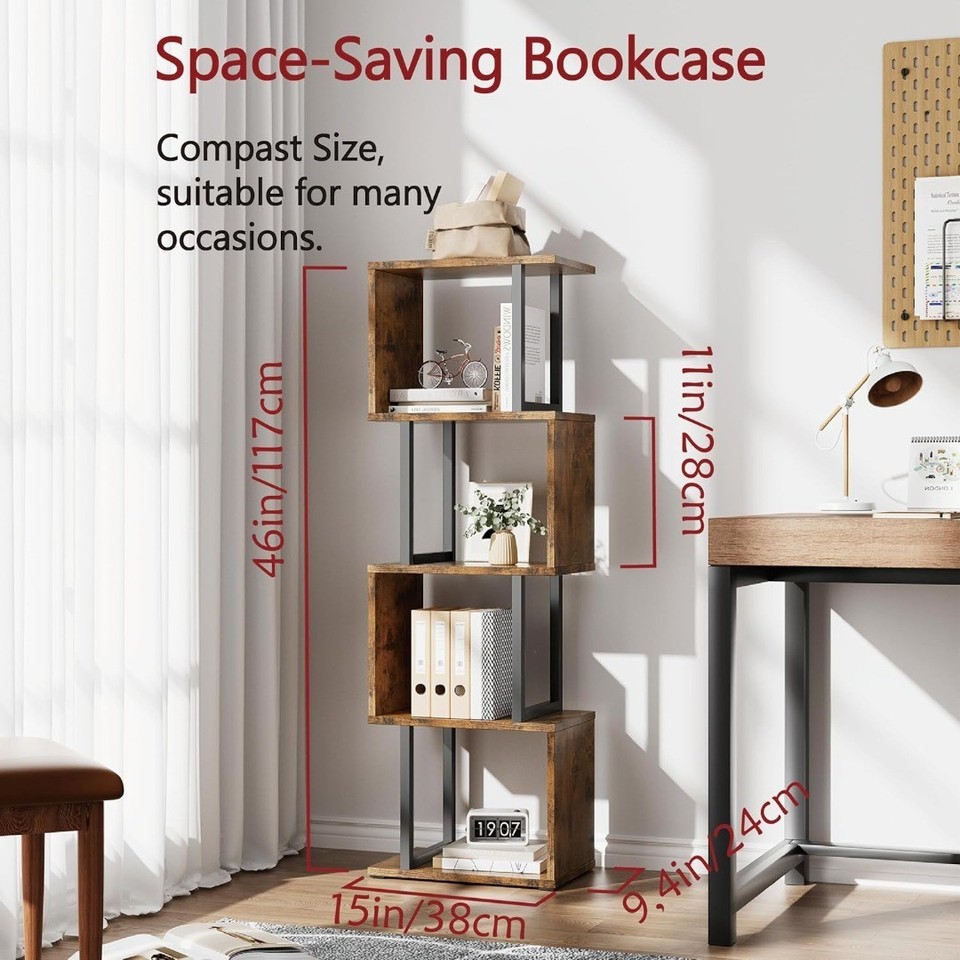 Bookcase with Lights LED 5-Tier S-Shaped Bookshelf, Wood Display Rustic ...