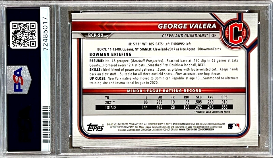 2022 Bowman Chrome Mega George Valera #22 PSA 10 GEM MINT (ROOKIE CARD ...
