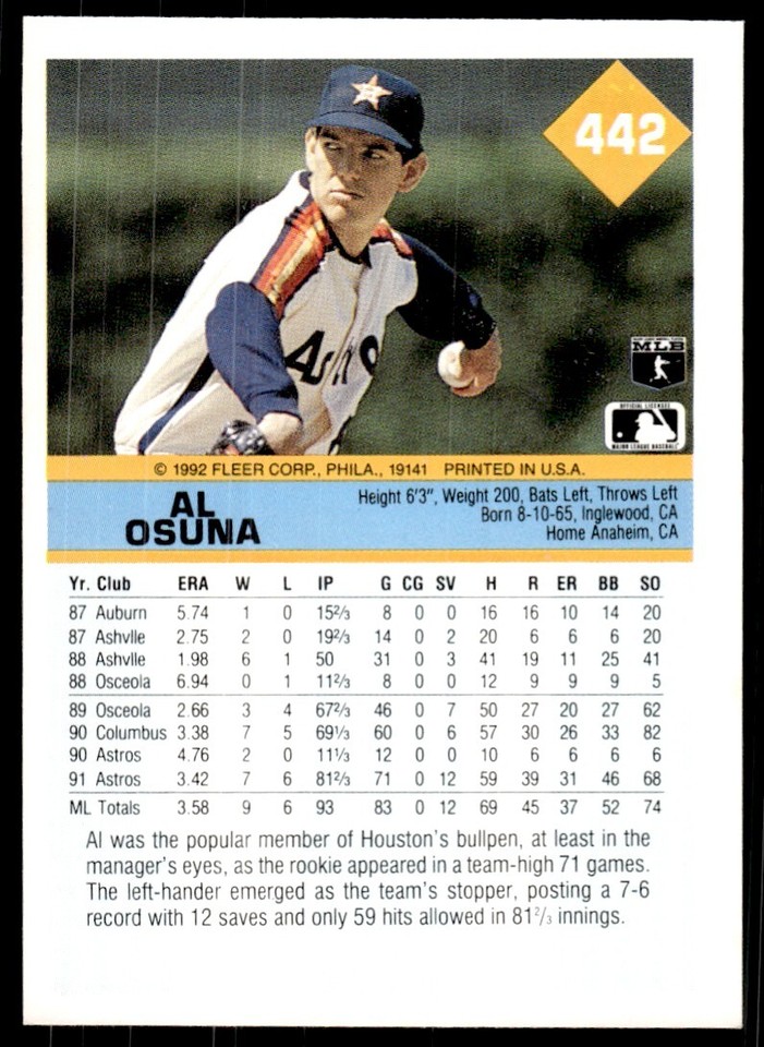 1992 Fleer Baseball Card Al Osuna Houston Astros #442 | eBay
