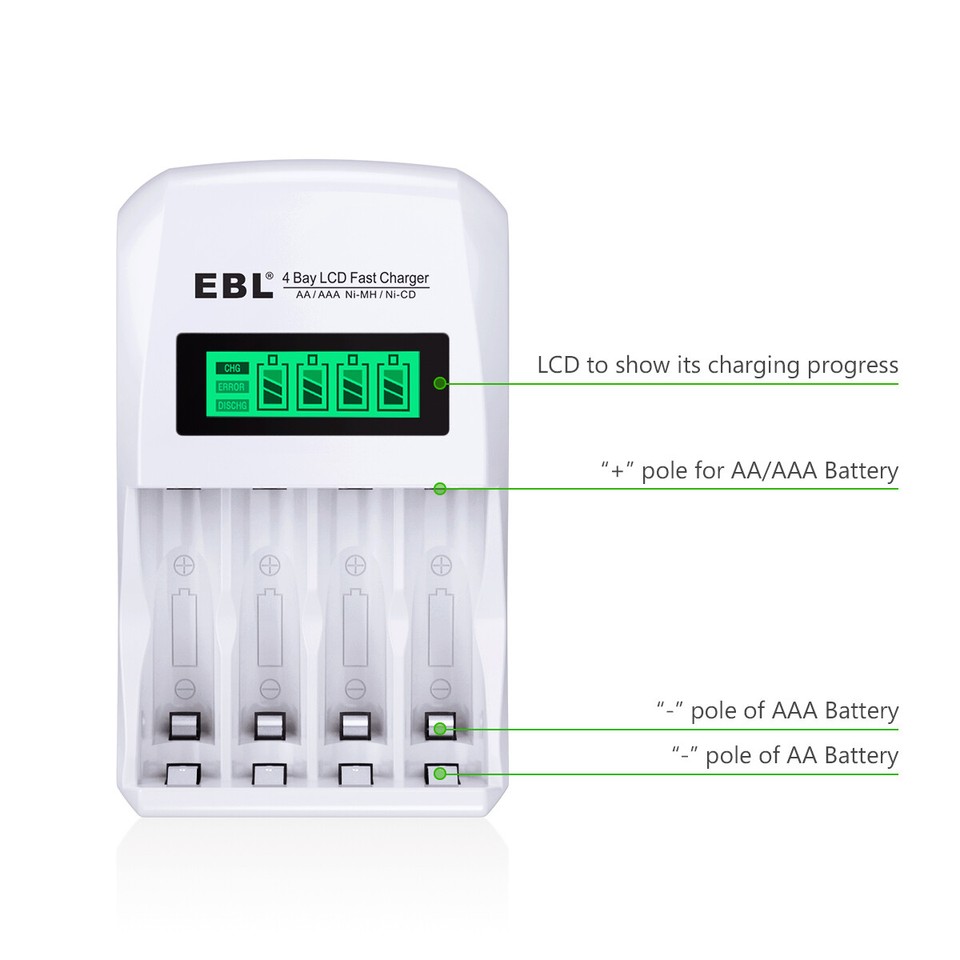 EBL 4-Slots LCD Fast Charger for AA AAA NIMH NICD Rechargeable Battery ...