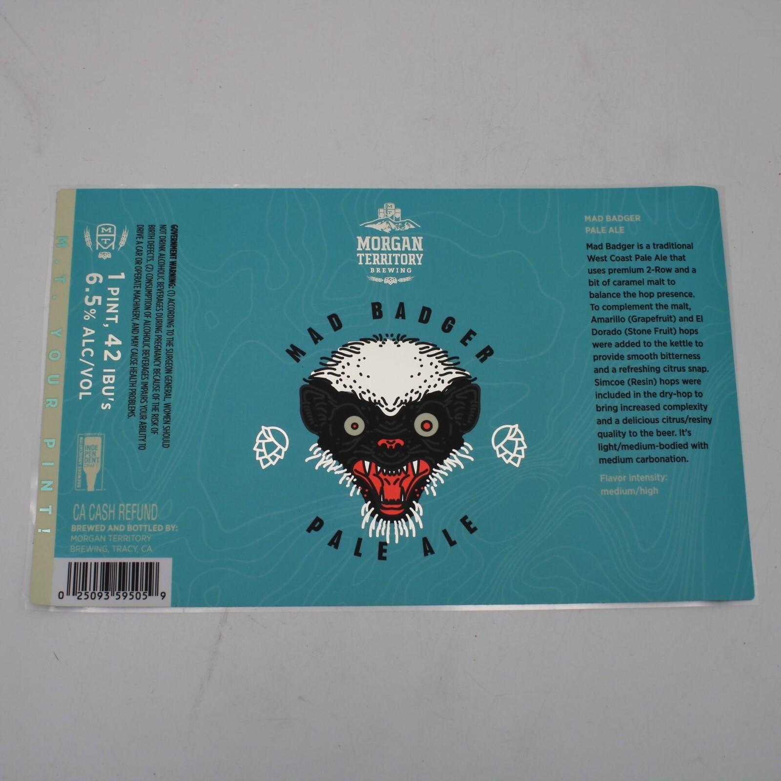 Morgan Territory Brewing Co Mad Badger Pale Ale Unused Beer Can Label ...