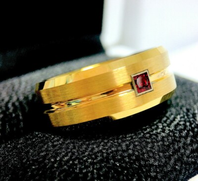 Yellow Gold Wedding Band, Mens Tungsten Ring, Square Ruby Tungsten ...