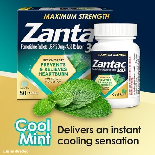 Zantac 360 Maximum Strength, Cool Mint, 50 Count, Heartburn Prevention ...