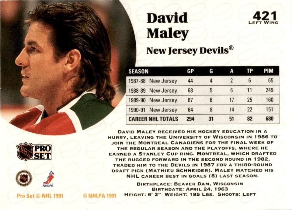 1991-92 Pro Set David Maley New Jersey Devils #421 | eBay