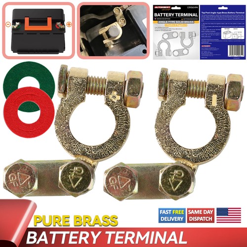 2x Pure Brass Battery Terminals Connectors Clamps Top Post Protector w ...