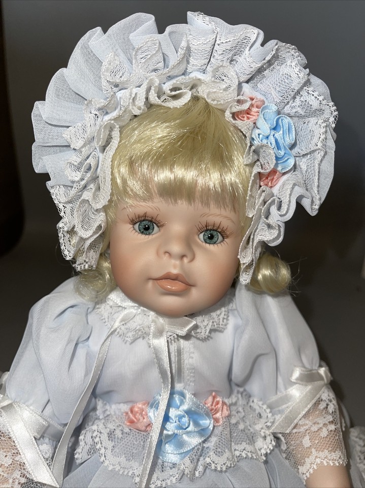 the hamilton collection Elizabeth baby doll 9” seating porcelain cloth ...