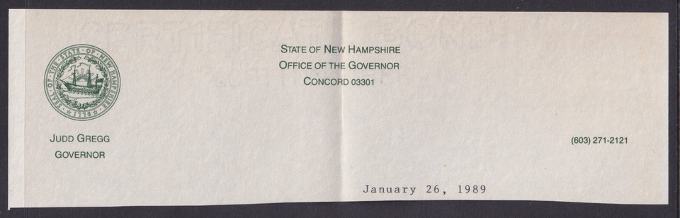 Judd Gregg (1947-), 76th New Hampshire Governor, clipped signature from ...