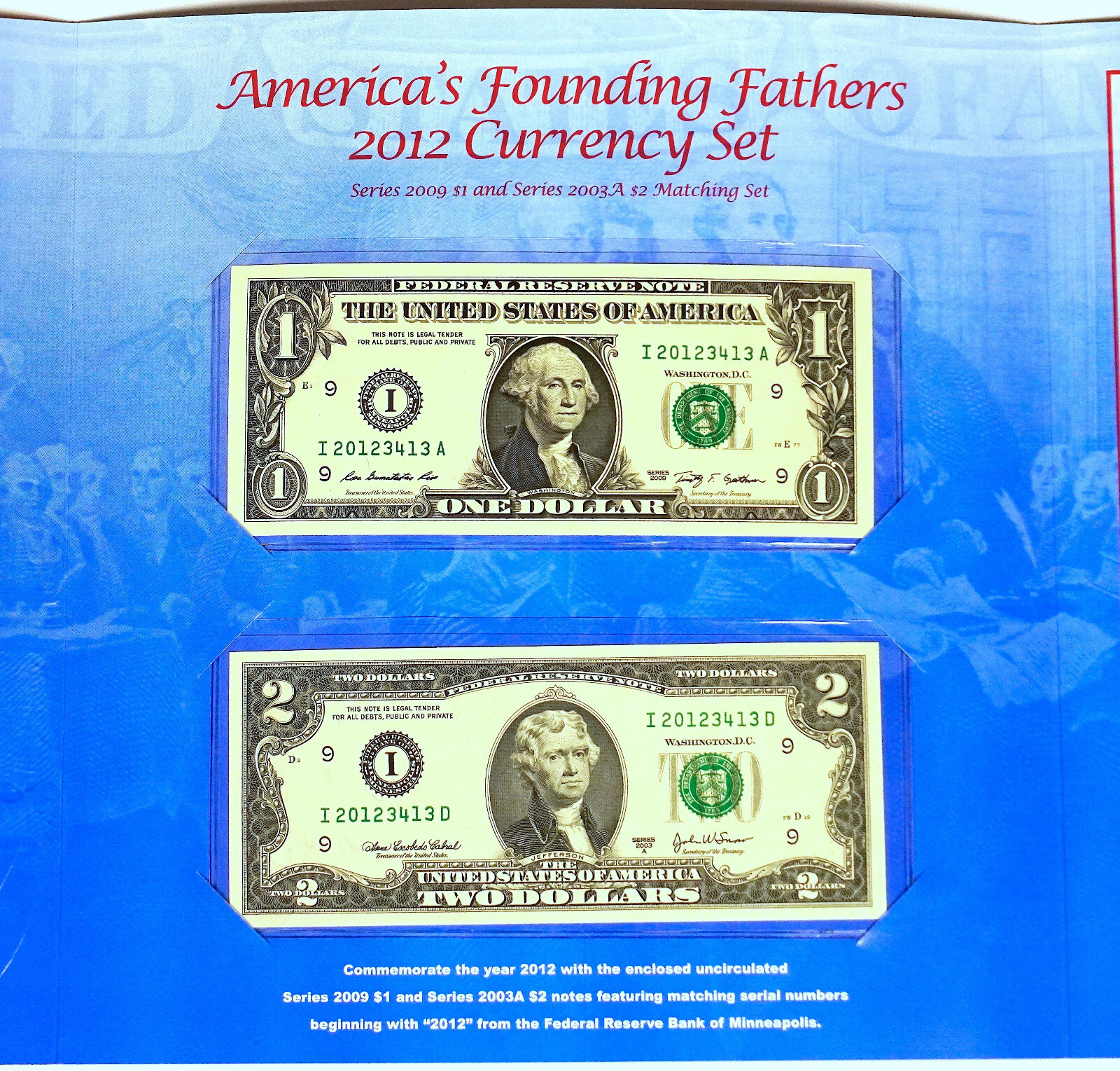 2012 AMERICA'S FOUNDING FATHERS CURRENCY SET $1 & $2 MATCHING SERIAL ...