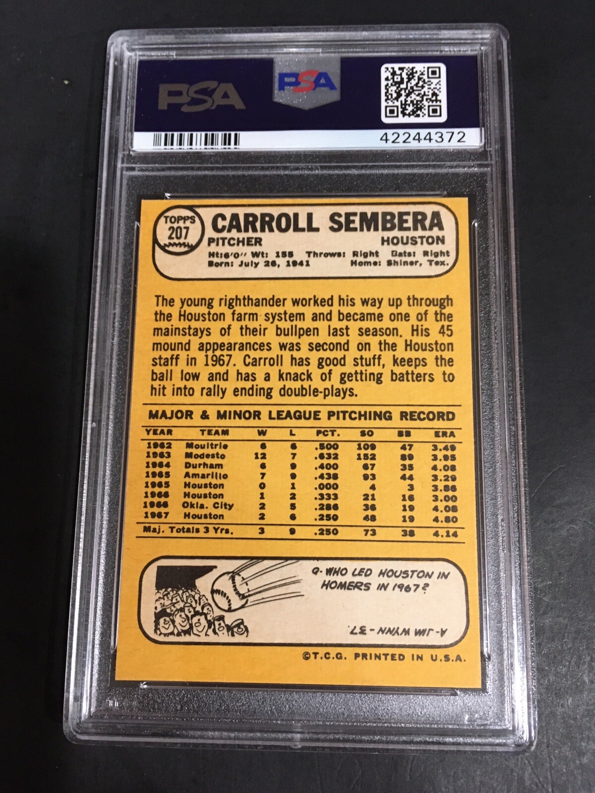 1968 TOPPS CARROLL SEMBERA, #207, PSA 8 (Free Shipping On Any 3!) | eBay