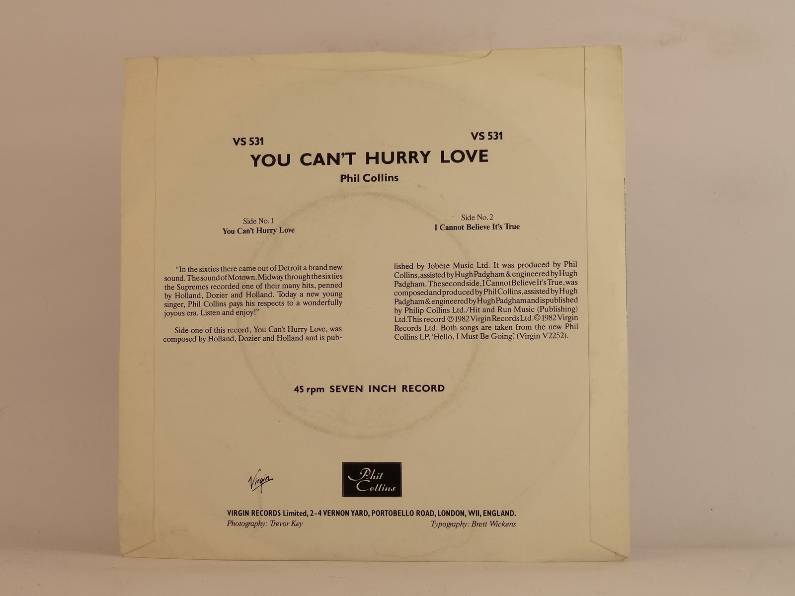 PHIL COLLINS YOU CANT HURRY LOVE (112) 2 Track 7" Single along with ...