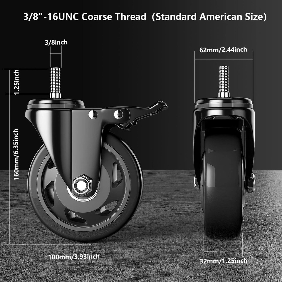 4 Inch Stem Caster Wheels, Heavy Duty Threaded Stem Casters UNC 3/8"-16 ...