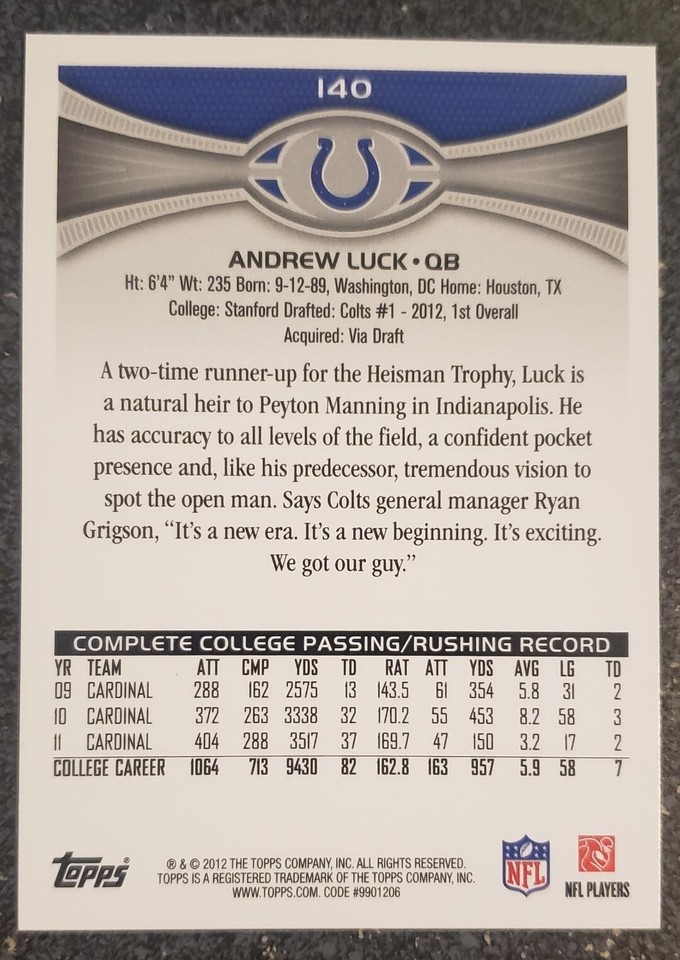 ANDREW LUCK 2012 TOPPS ROOKIE RC PHOTO VARIATION SP # 140 NM or better ...