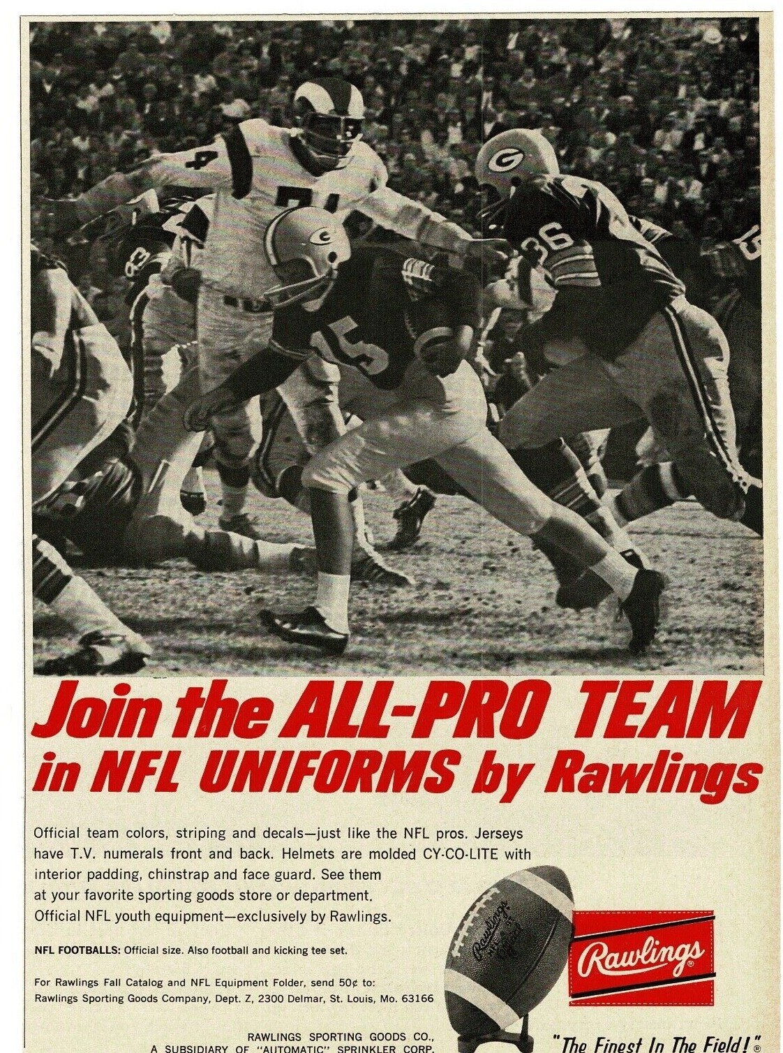 1968 RAWLINGS NFL Uniforms Packers Bart Starr Rams Merlin Olsen Vintage Print Ad | eBay