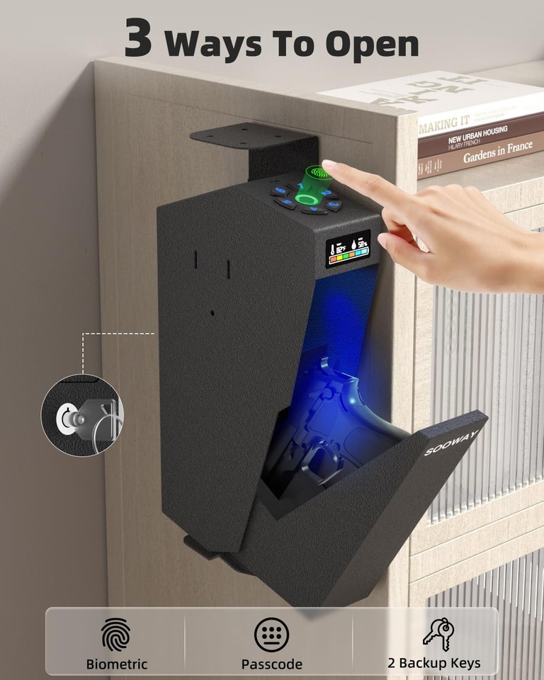 Gun Safe, Mounted Biometric Pistol Safe Drop Down Gun Lock Box for ...