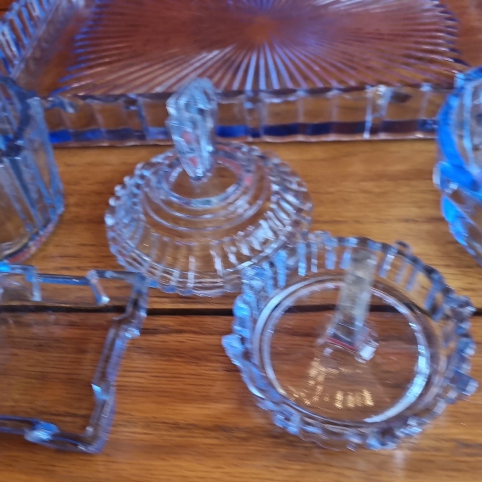 Vintage Art Deco Glass Dressing Table Vanity Set Blue Glass Pre-owned ...