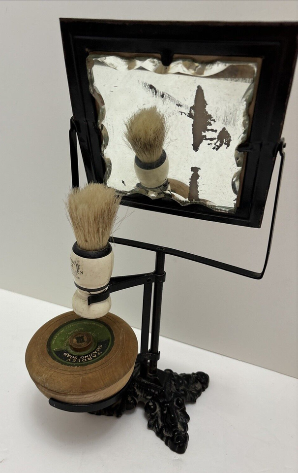 Vtg Antique Tilt Mirror Shaving Stand Pie Crust Edge Cast Base Brush ...