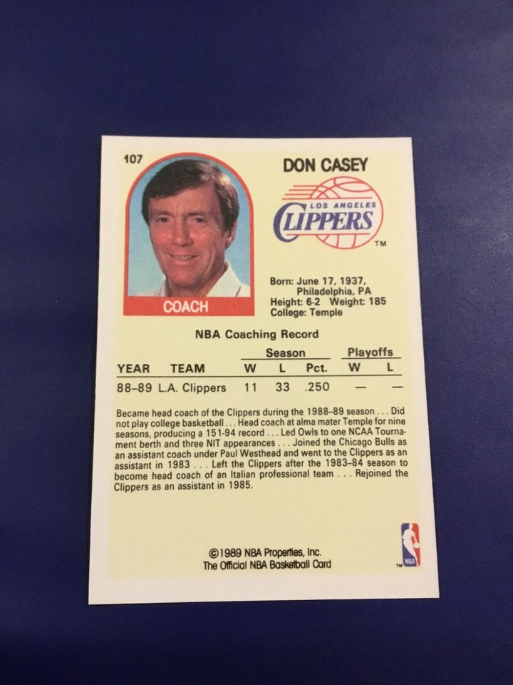1989-90 Hoops # 107 DON CASEY Coach Rookie Rc Los Angeles Clippers ...