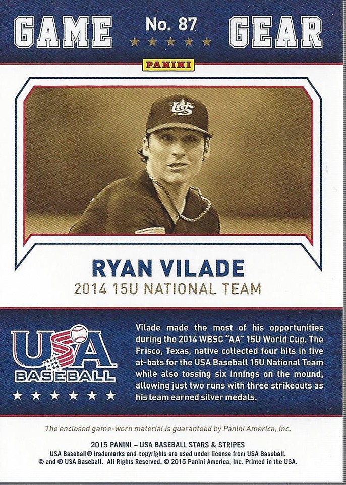 2015 USA Baseball Stars Stripes Game Gear Longevity Ruby Ryan Vilade ...