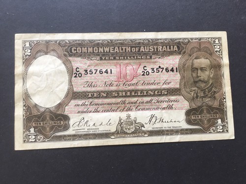 Australia Ten Shillings Banknote 1933 Riddle Sheehan Last Prefix C20 ...