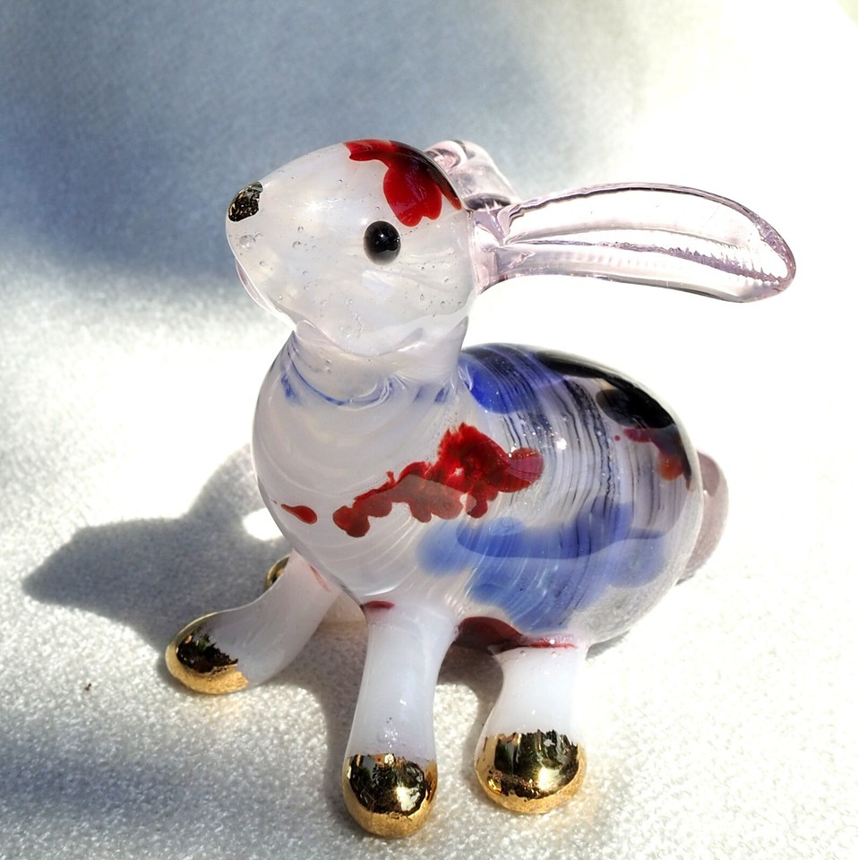 White Blue Maroon Rabbit Bunny figurine hand blown glass figure 3 ...